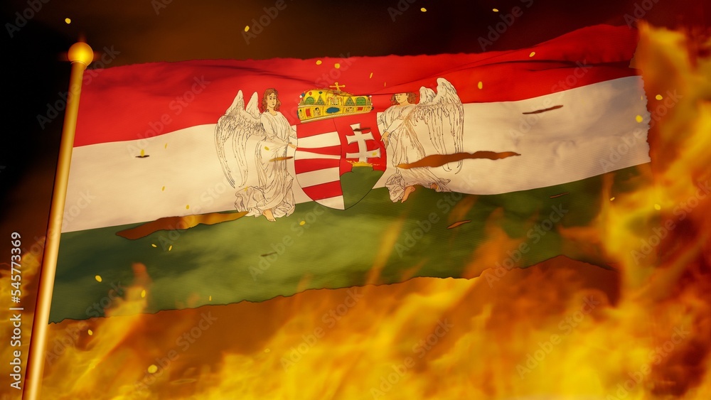 Historical flag of the Kingdom of Hungary (1896-1915) burning in war ...