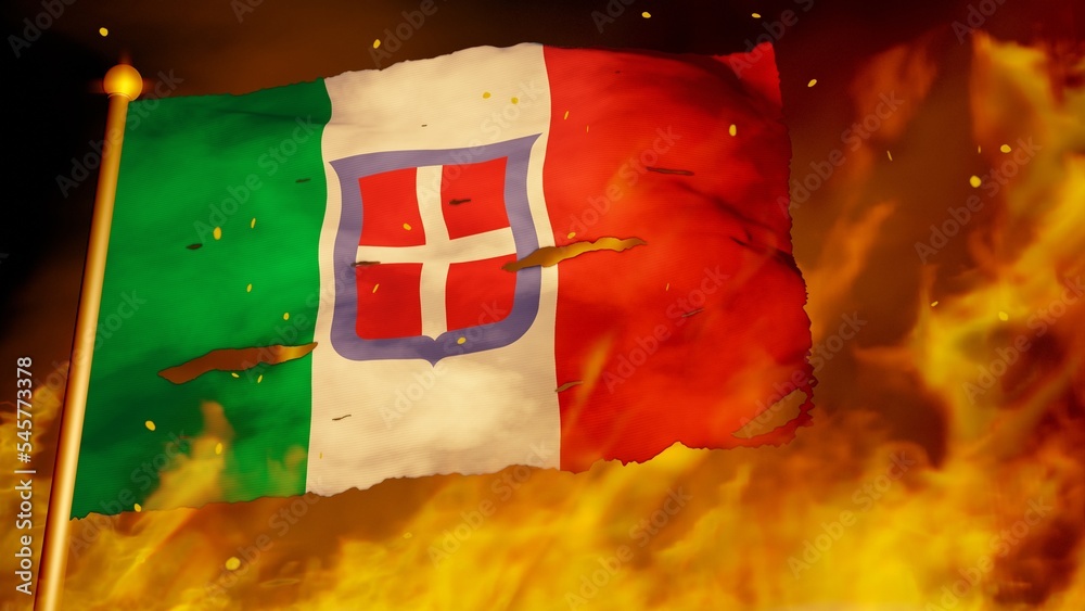 Civil flag of the Kingdom of Italy (1861-1946) burning in war, crisis ...