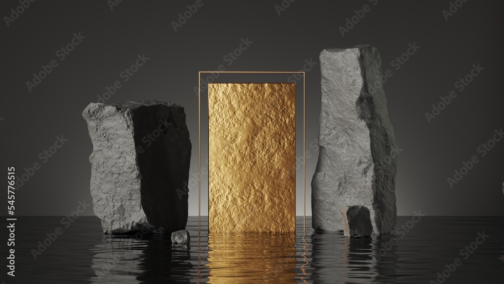 3d render, abstract background with golden panel and frame, black ...