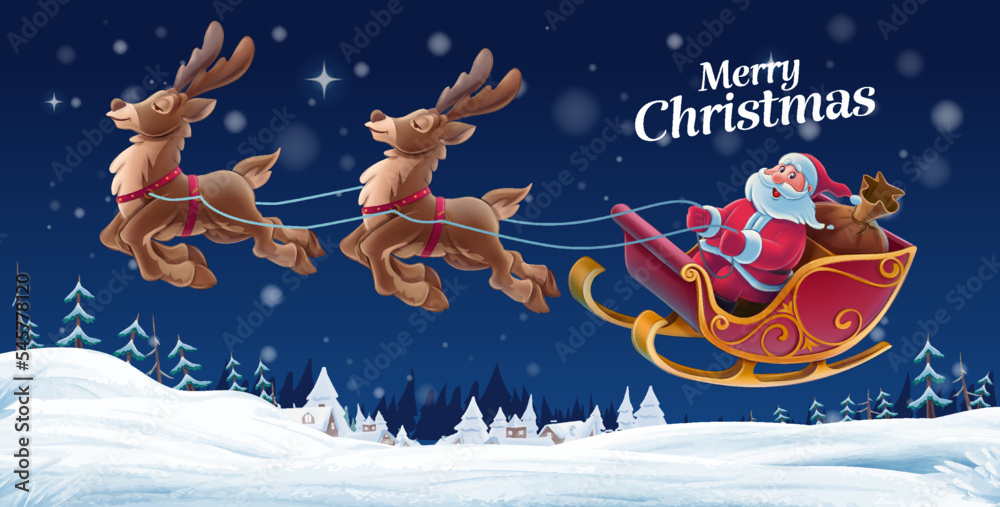 santa claus delivers gifts on sleigh with reindeer flies over snow and ...