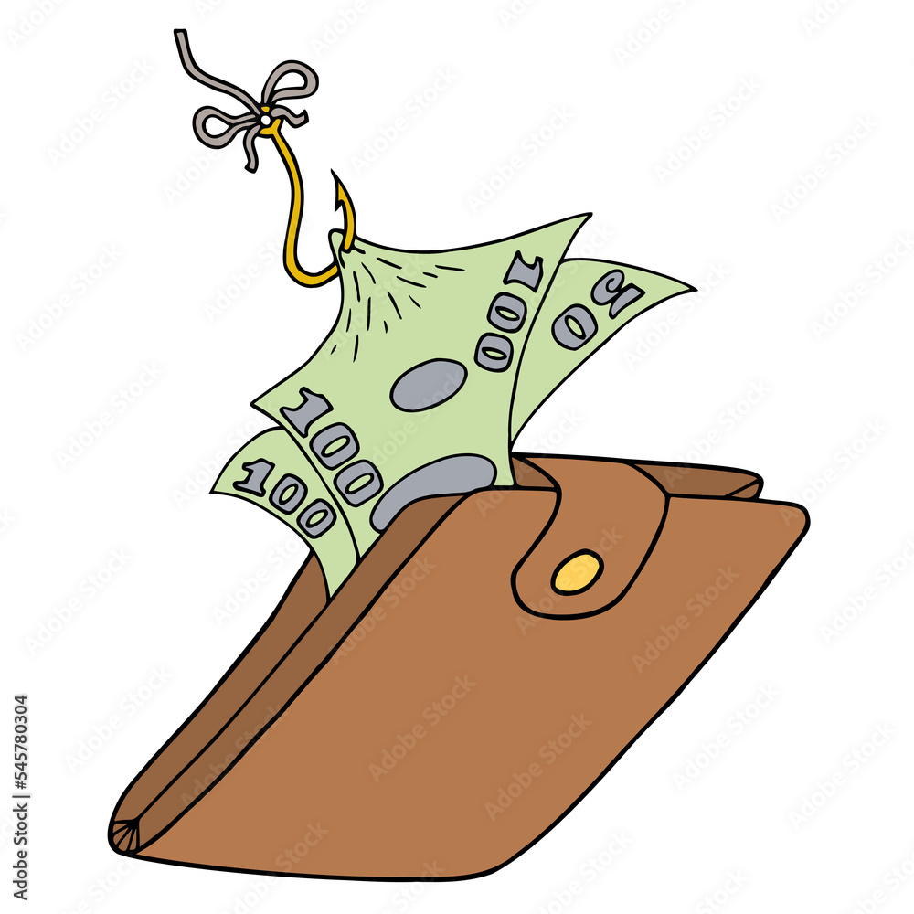 A wallet from which fraudsters pull money with a fishing hook. Fraud ...