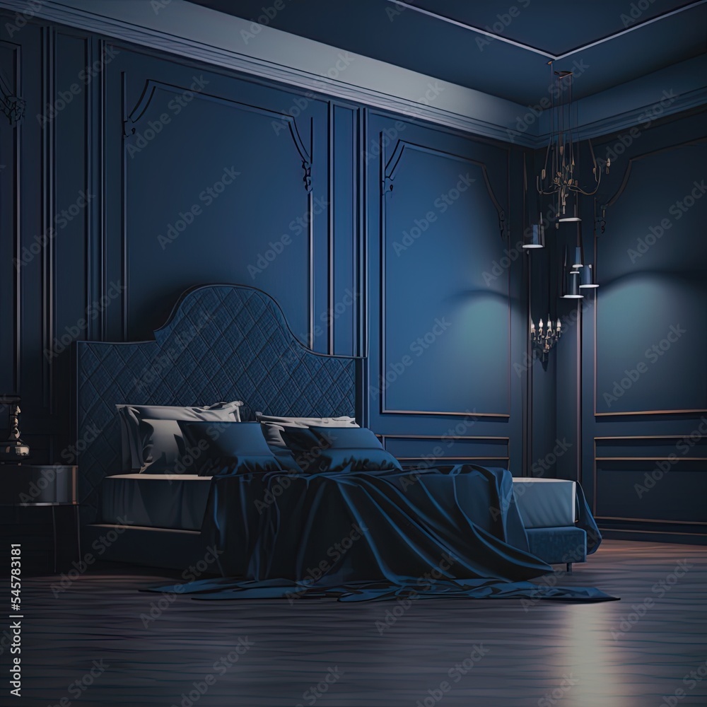 Luxurious dark room in deep complex colors of blue. Blue navy walls and ...
