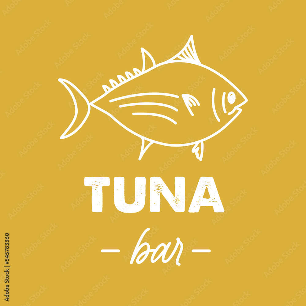 Logo template with tuna for fish restaurant or bar on yellow background ...