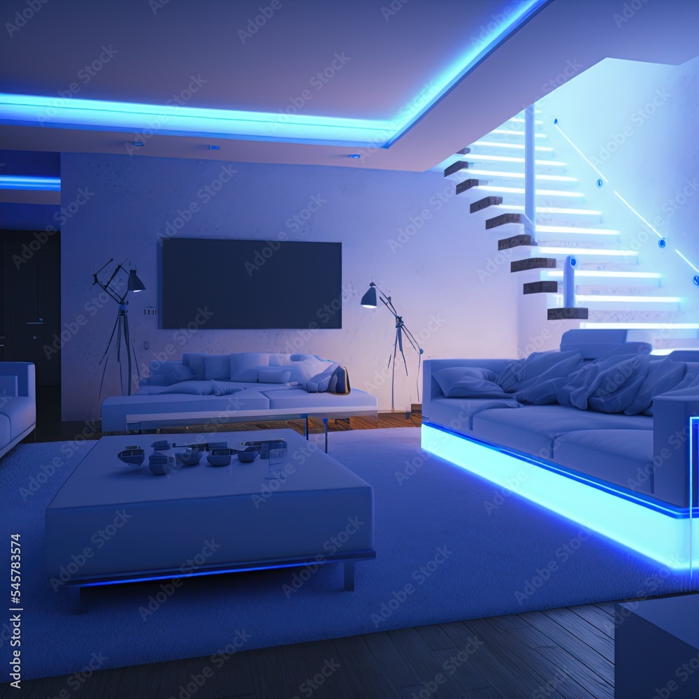 Blue LED lighting as a standby light for a cozy modern home. Under the ...