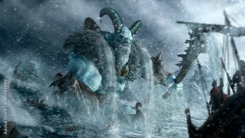 A huge monster with a big stone hammer and fur on his shoulders rises ...