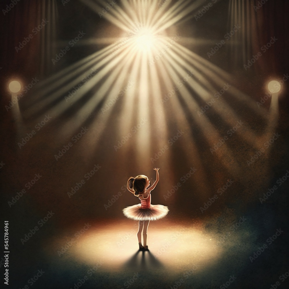 Digital illustration of a Little cute ballerina girl on stage spotlight ...