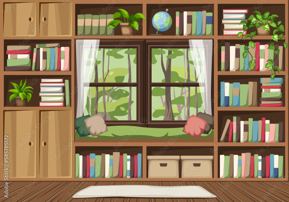 Country room interior design with bookshelves, plenty of books and ...
