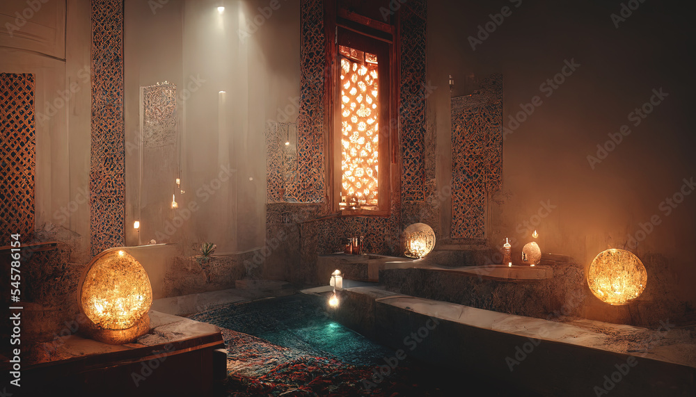 Ancient interior Turkish bath, frescoes on the walls, baths, oriental ...