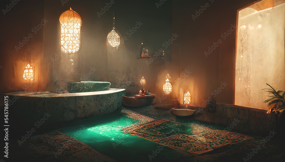 Ancient interior Turkish bath, frescoes on the walls, baths, oriental ...