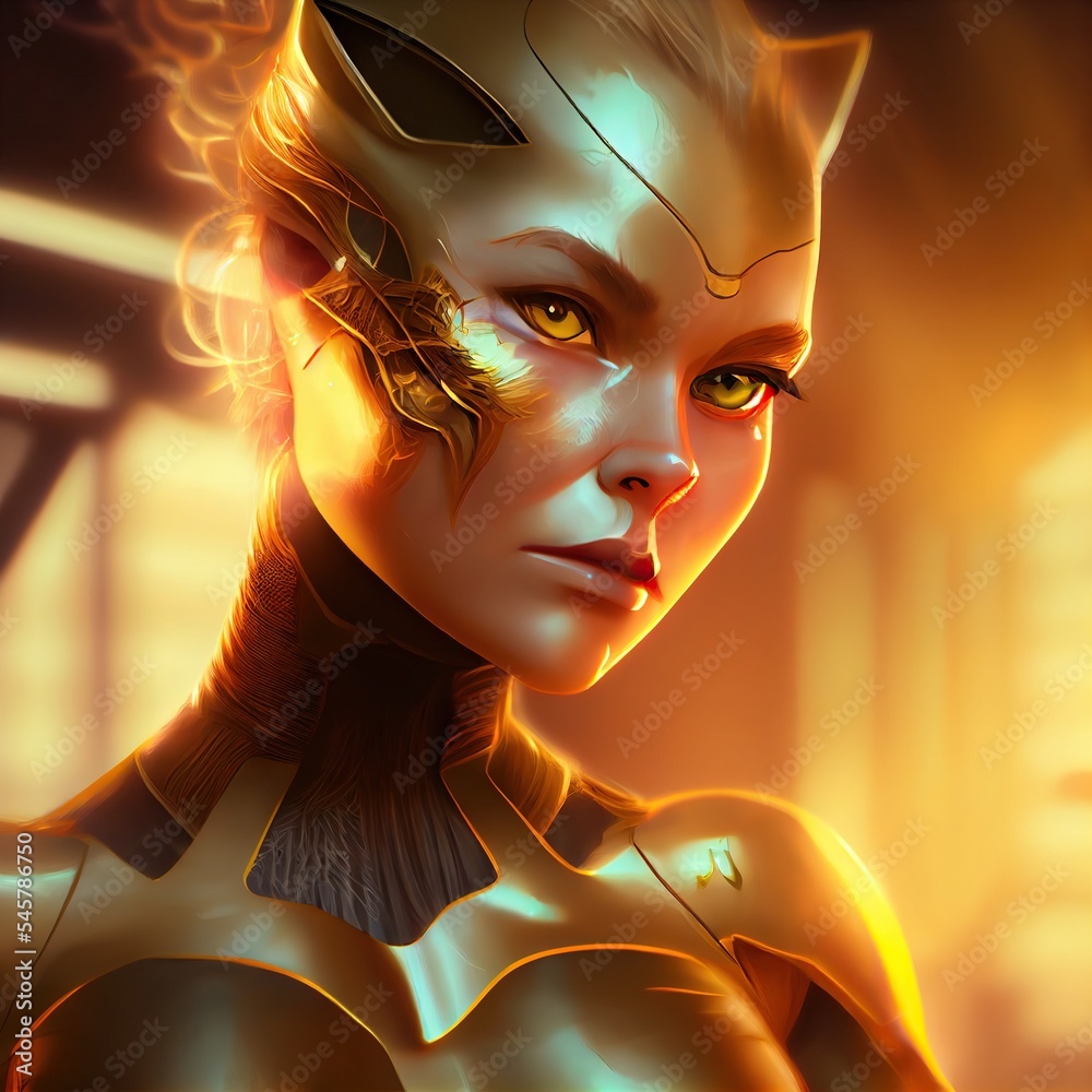Cyberpunk gold catgirl character design. Front view 3d render of ...