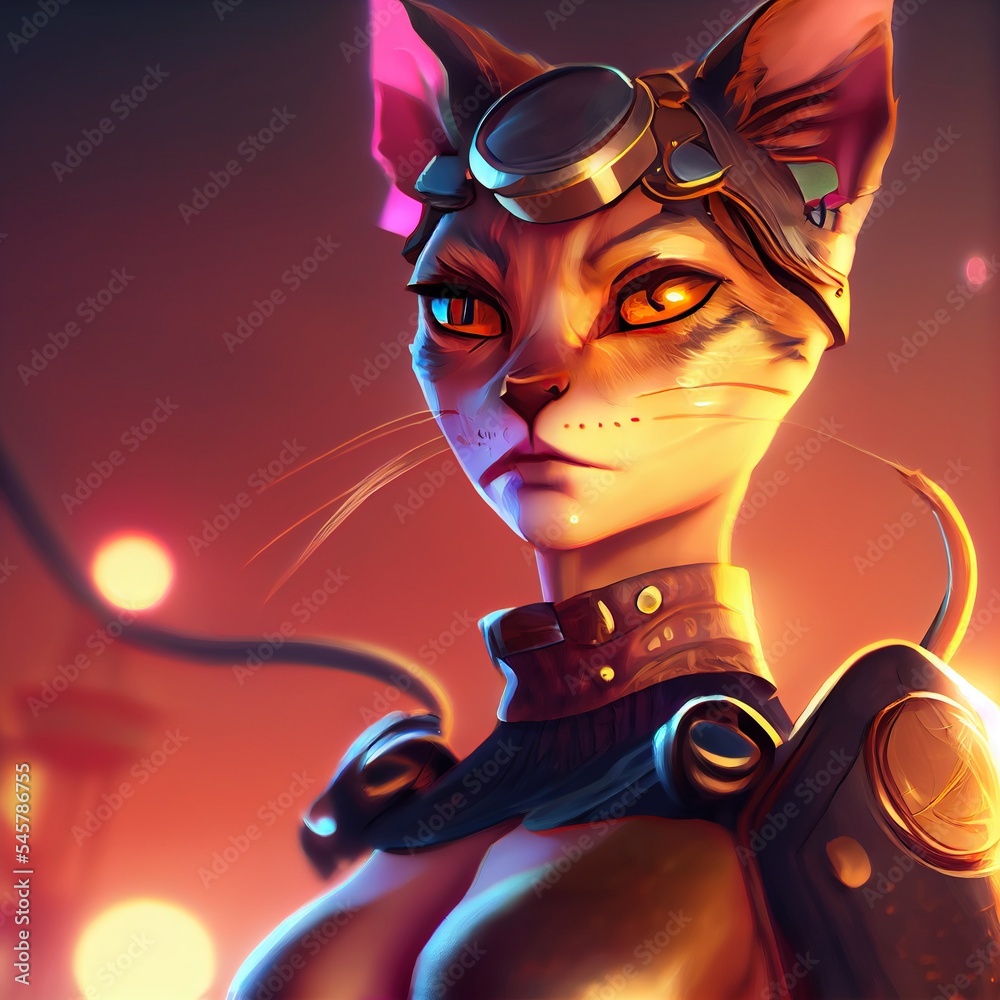 Cyberpunk gold catgirl character design. Front view 3d render of ...