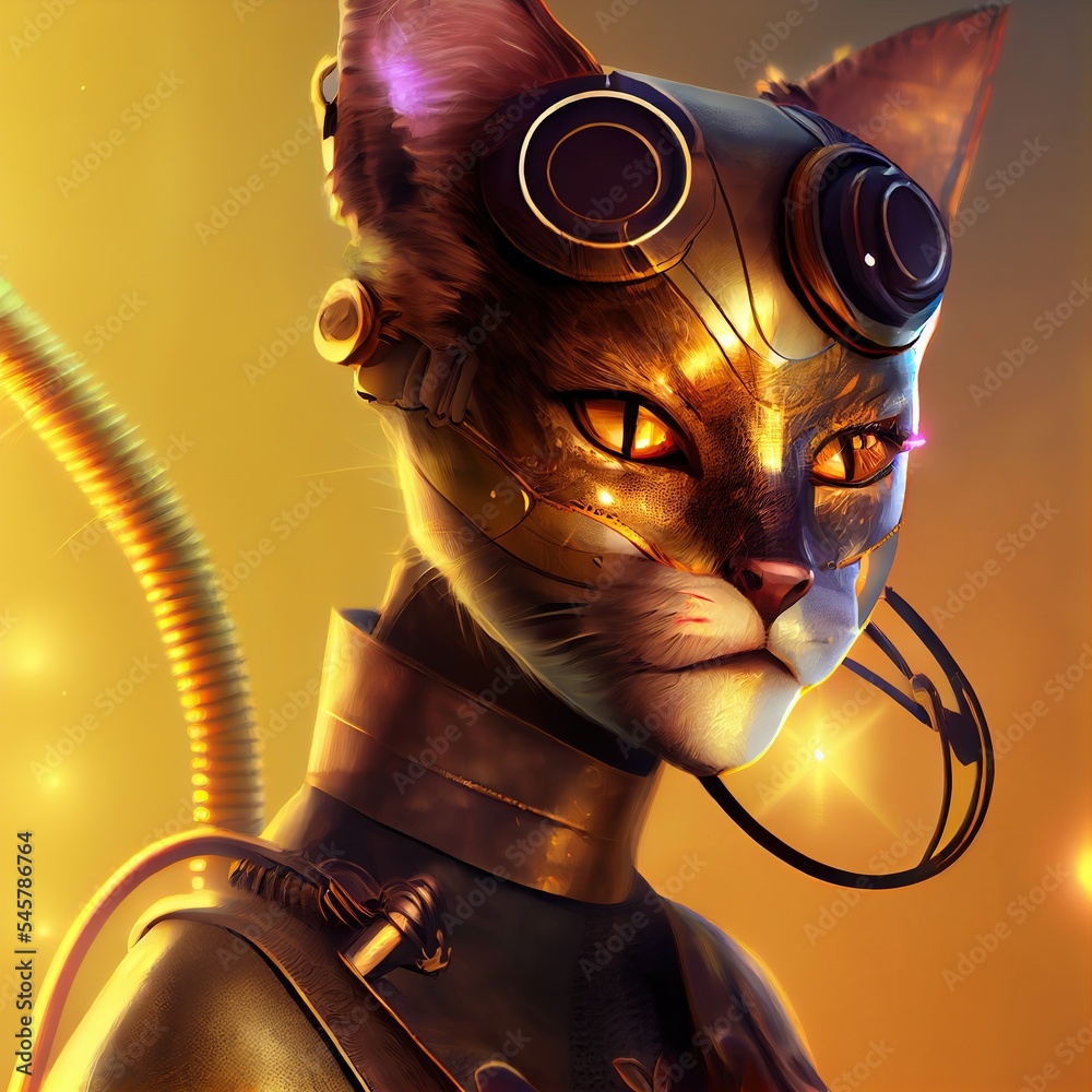 Cyberpunk gold catgirl character design. Front view 3d render of ...