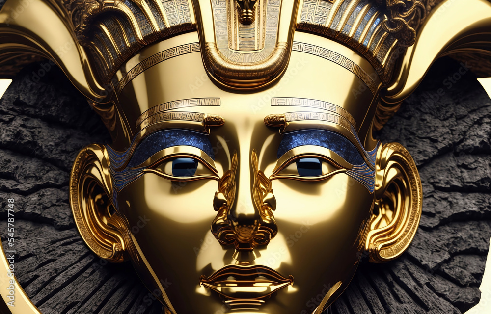 face closuep of ancient egyptian pharaoh with golden mask with a blue ...