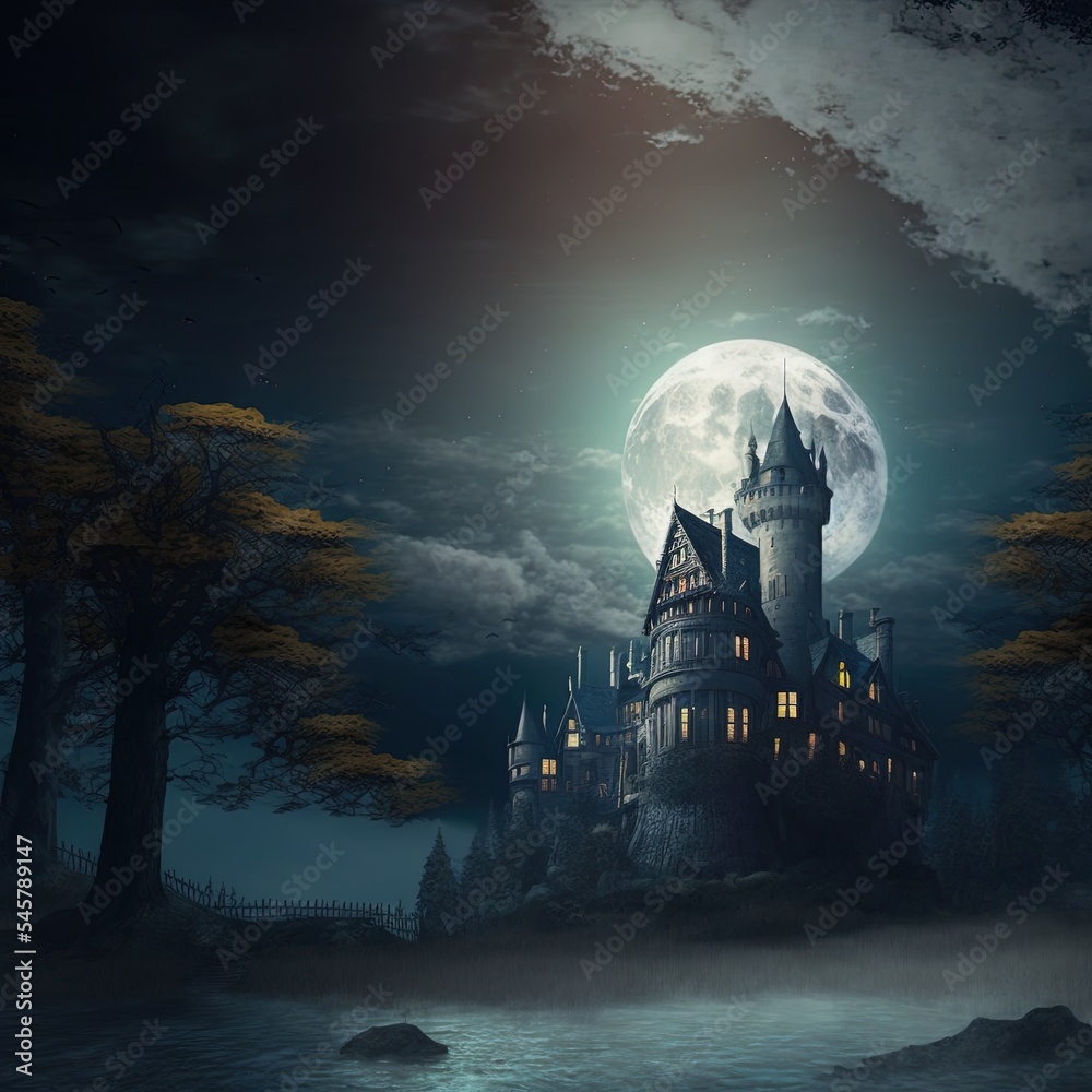Halloweeen castle scenery with full moon in majestic night sky and ...