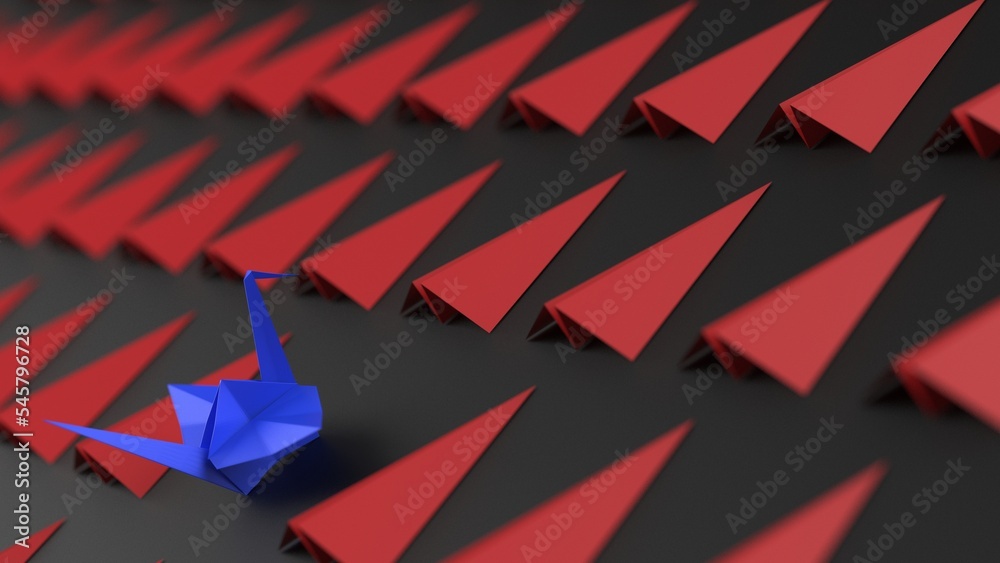 Origami of blue crane and many red airplanes on black board under white ...