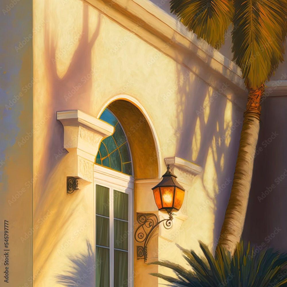 Gaslight, with flame, and its shadow below shadow of palm tree on ...
