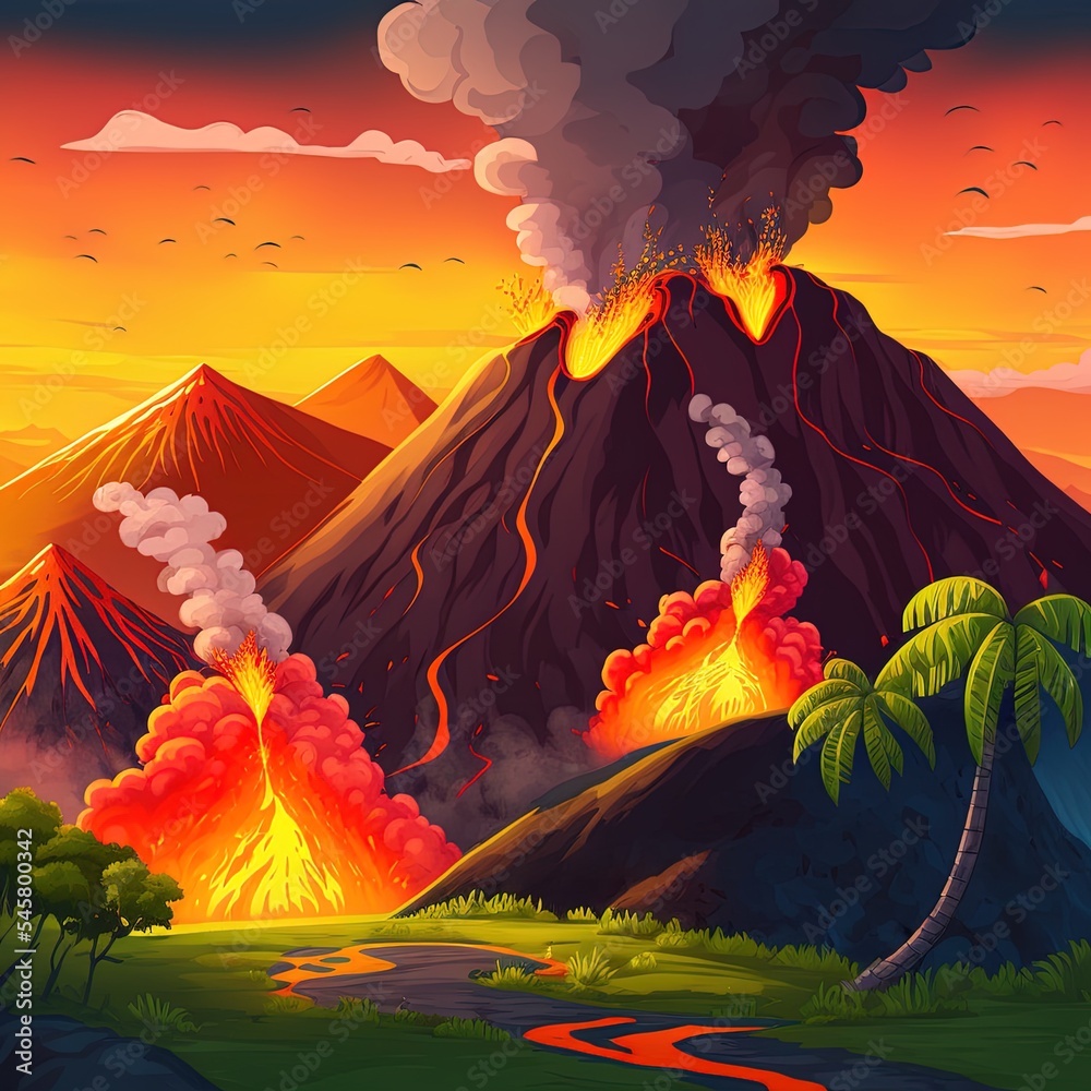 Volcano tropical nature landscape illustration. Cartoon mountain wild ...