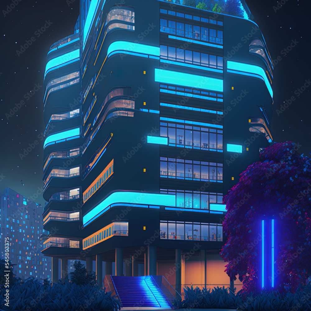 Stylish illuminated apartment building in futuristic night city ...