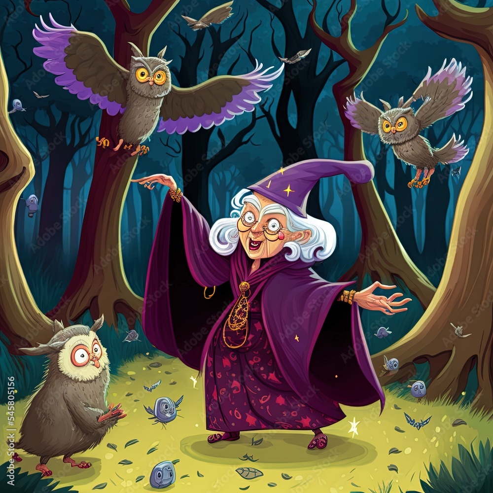 cartoon scene with happy old woman witch sorceress in the forest ...
