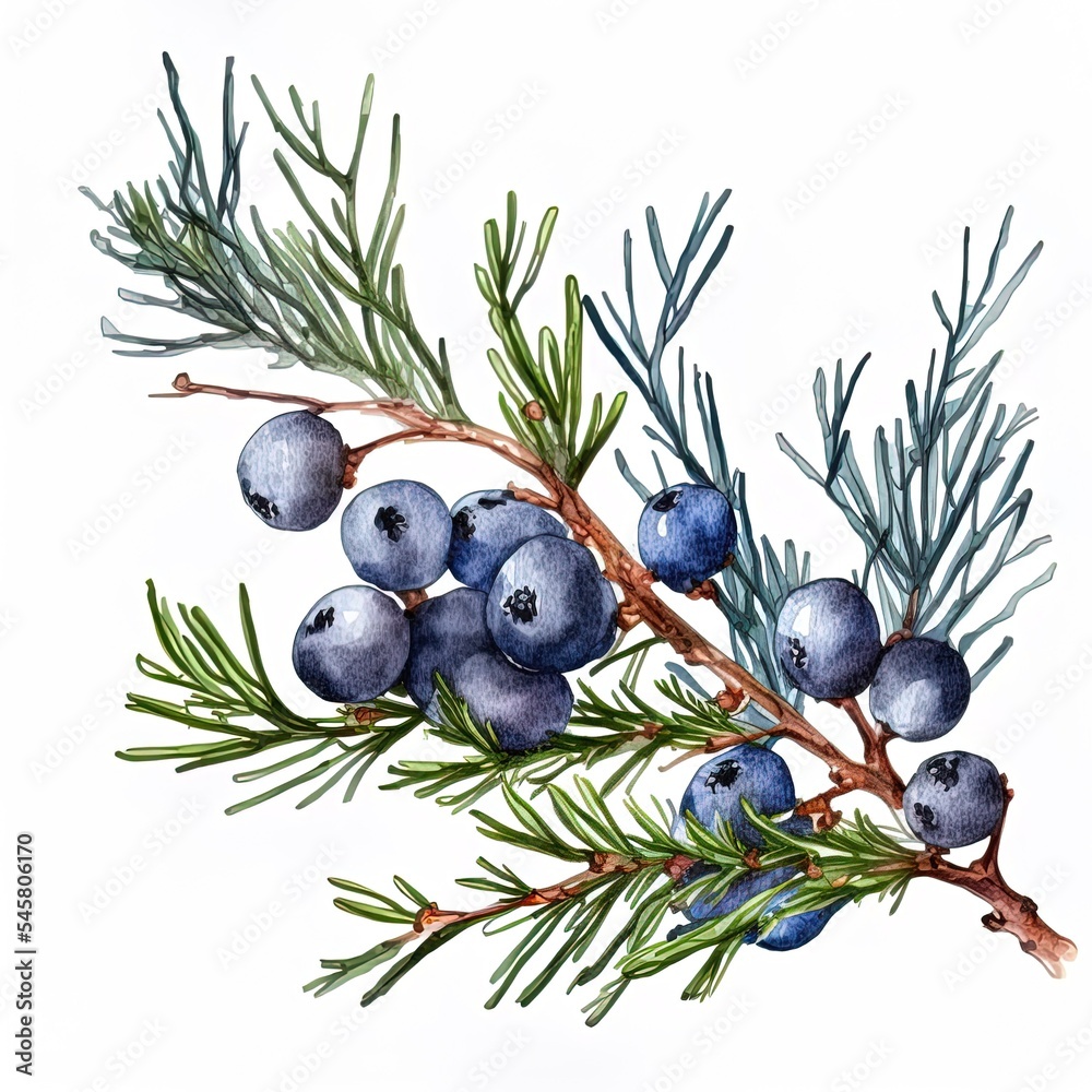Juniper branch with berries. Watercolor hand drawn illustration ...