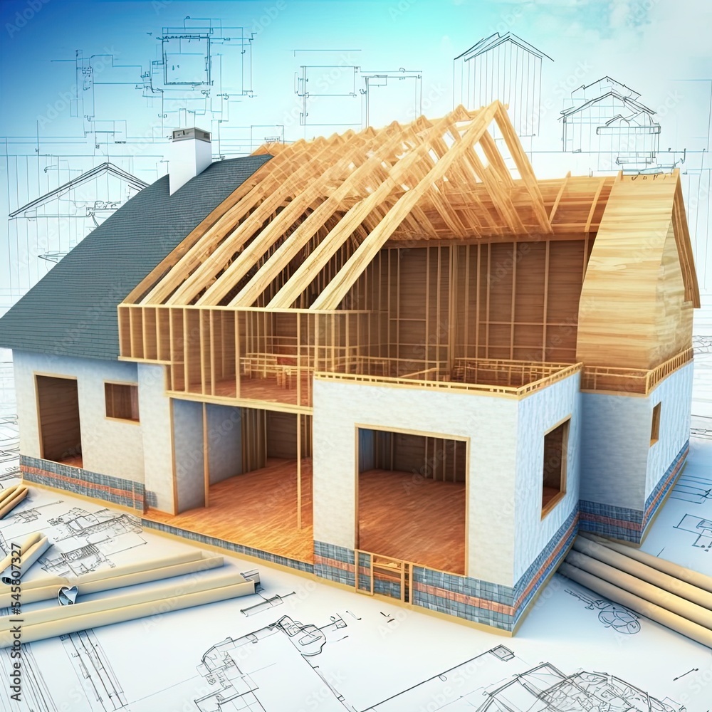 Concept of construction. 3d render of house in building process with ...