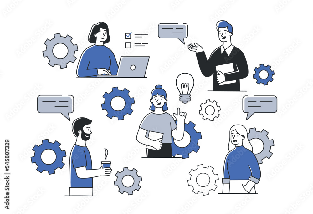 People at online meeting. Men and women communicate and interact ...