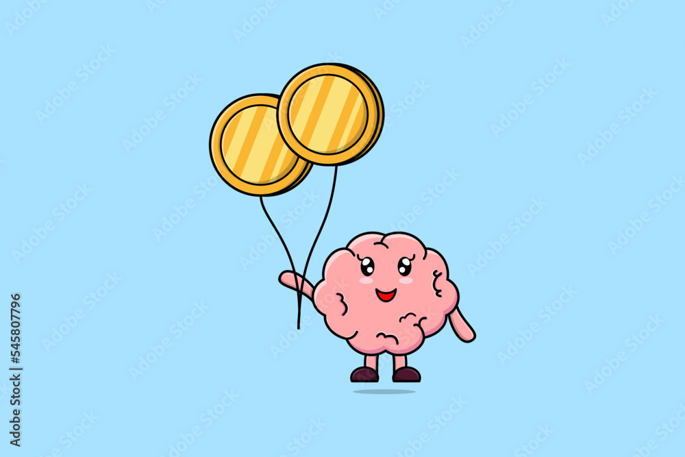 Cute cartoon Brain businessman floating with gold coin balloon cartoon ...