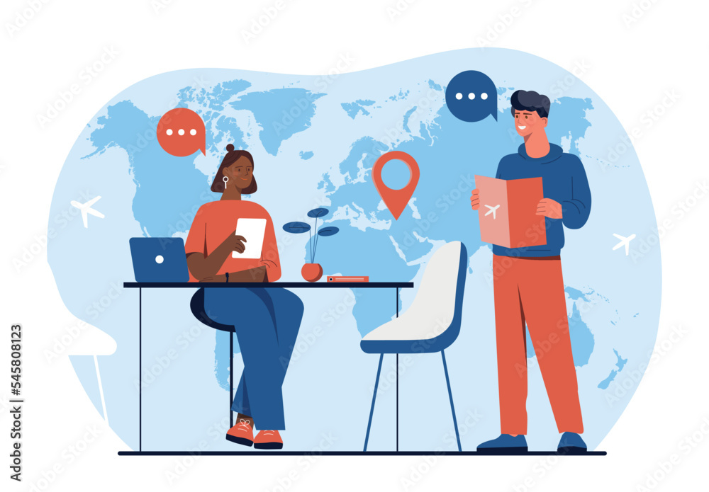 Travel company concept. Woman advises man country for travel, tourism ... Travel company concept. Woman advises man country for travel, tourism ...