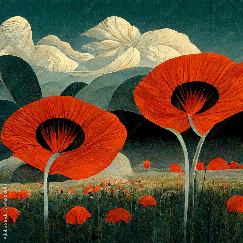 Art Deco Painting of Giant Poppies in a Field Under a Cloudy Sky. (Digital Illustration, Fantasy ...