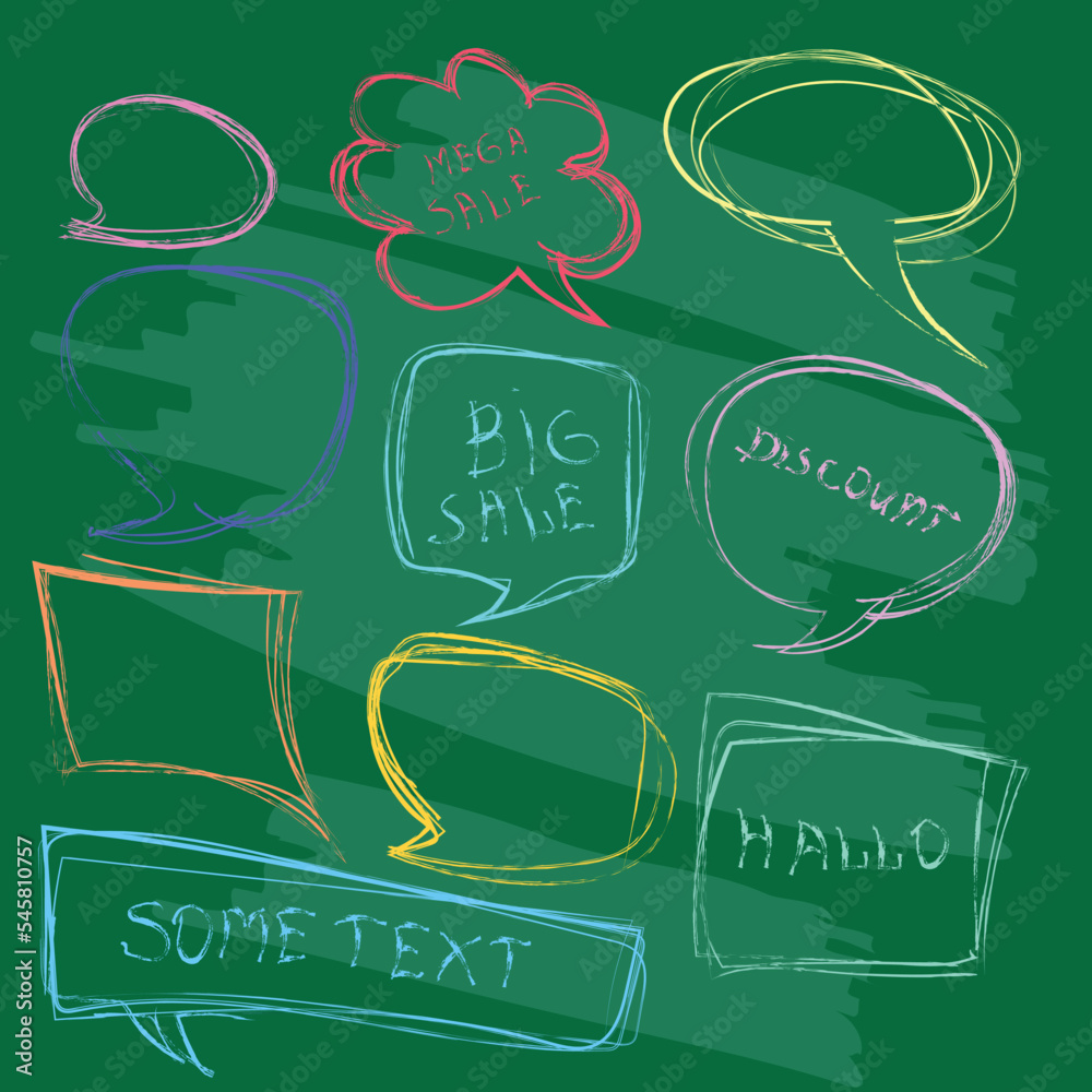 Vector word bubbles on a blackboard. it looks like chalk, a pencil ...