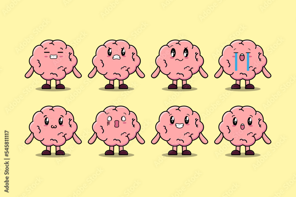 Set kawaii Brain cartoon character with different expressions cartoon ...