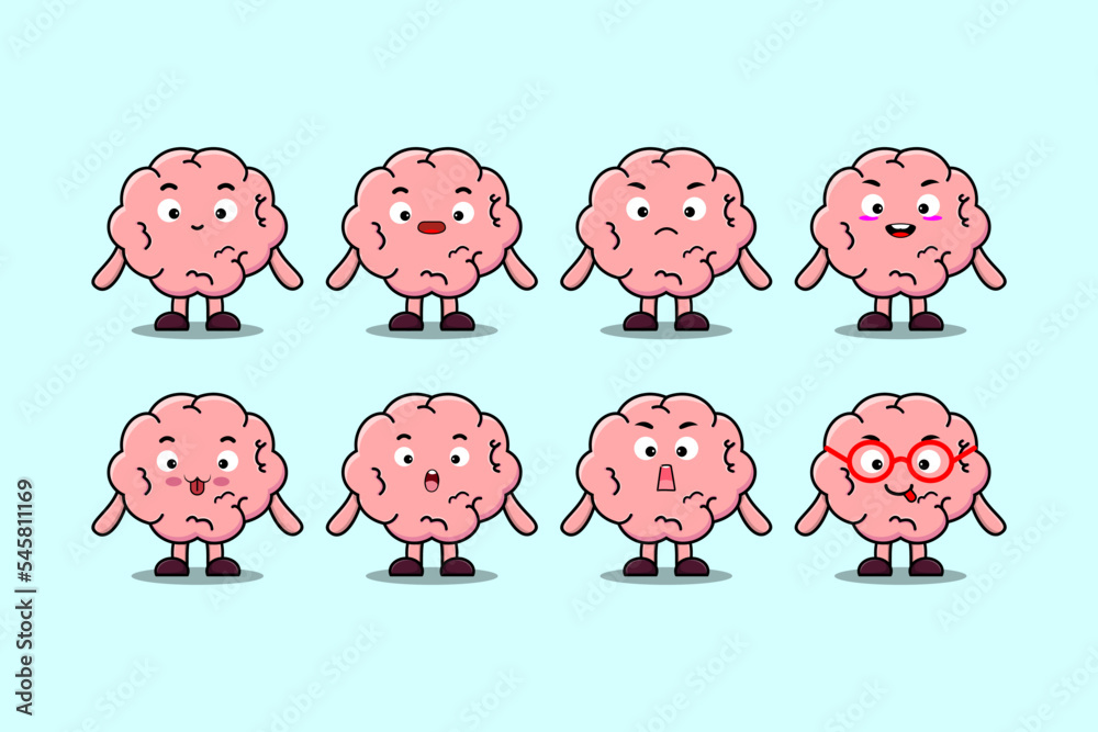 Set kawaii Brain cartoon character with different expressions cartoon ...