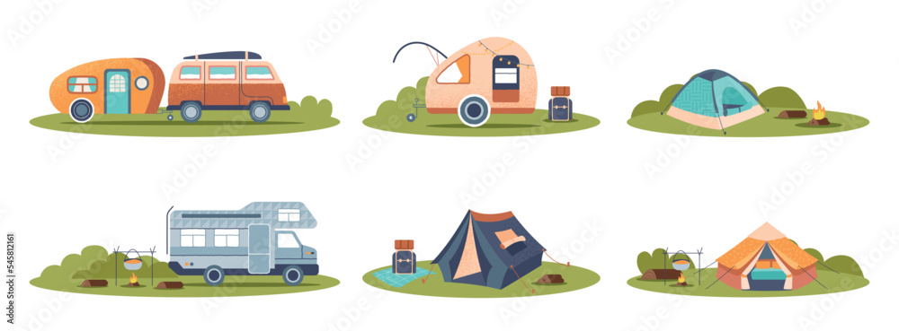 Camping trailers set. Collection of tents, travel and adventure. Active ...
