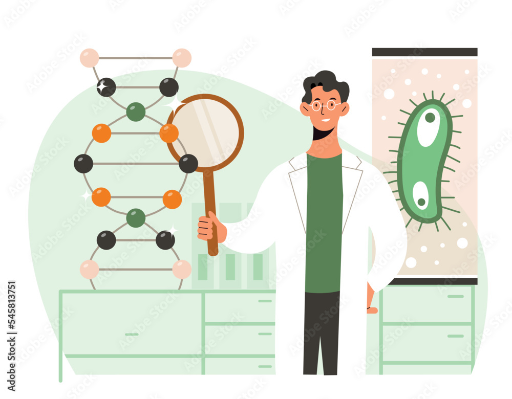Scientist holding data. Man with magnifying glass checks structure of ...
