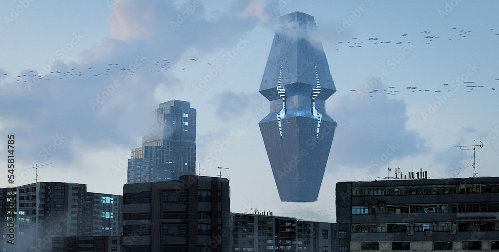 Digital 3d Illustration of a floating space station of a future city ...