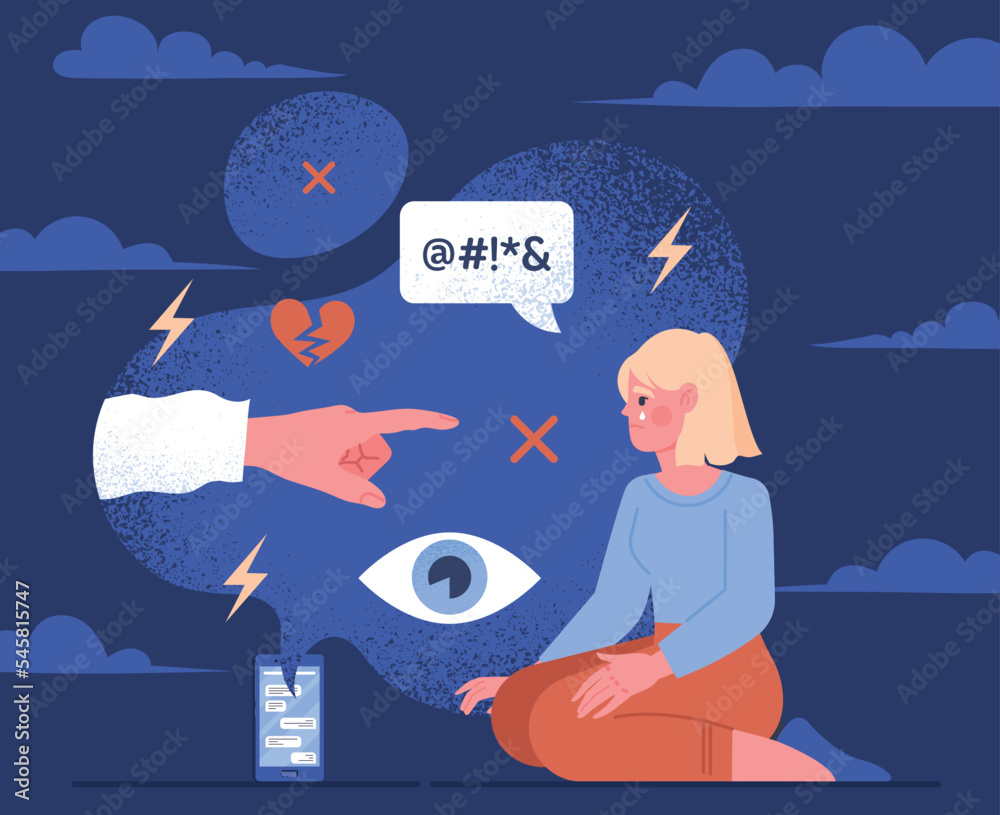 Bad messages concept. Thumb pointing at sad young girl, negativity and ...