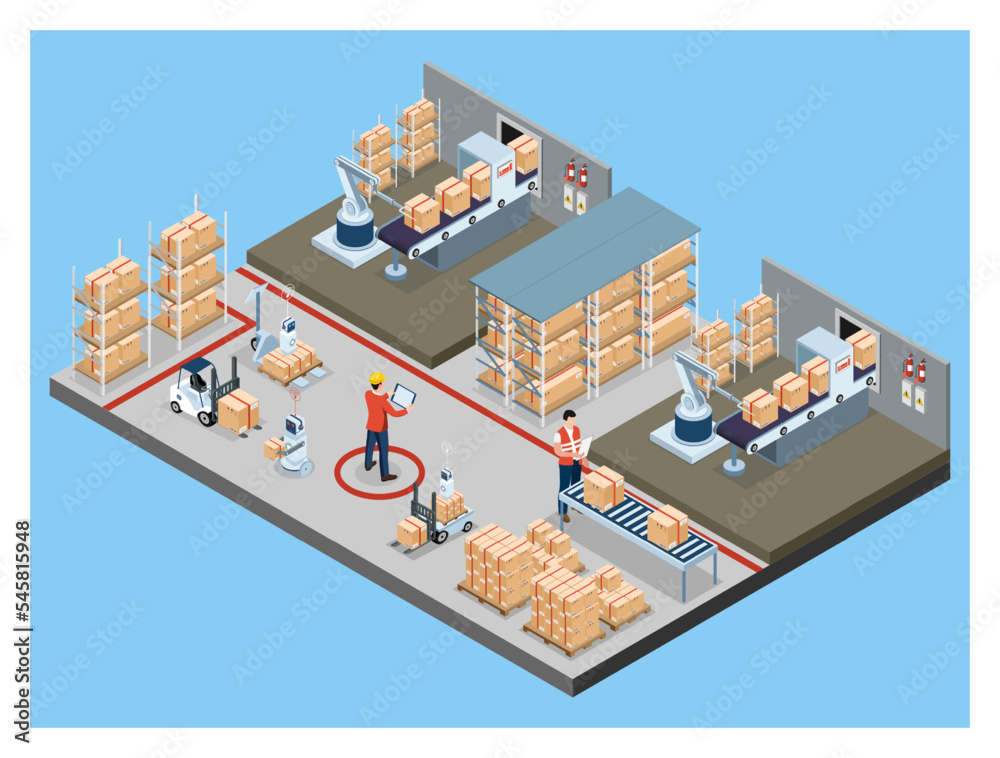 3D isometric automated warehouse robots and Smart warehouse technology Concept with Warehouse ...
