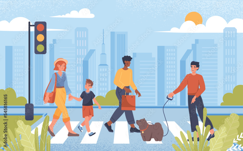 People on crosswalk. Pedestrians next to traffic light in city against ...