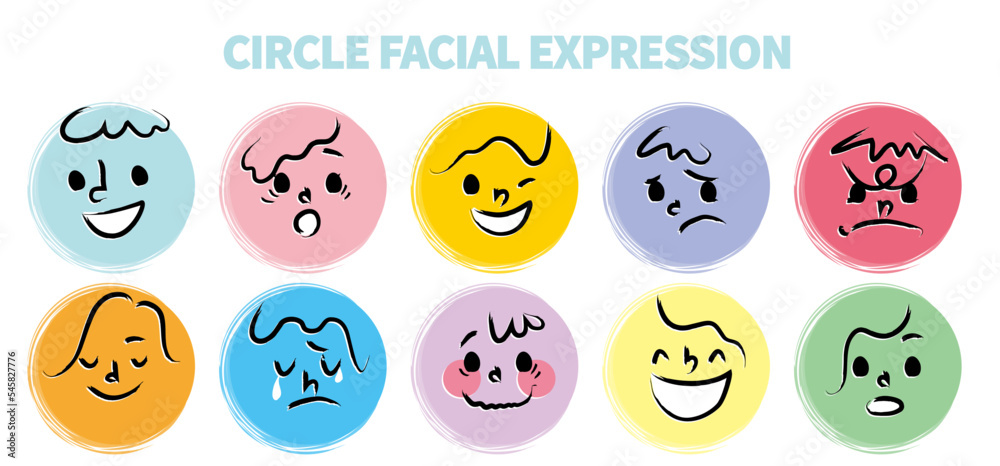 Round abstract faces with various emotions set. Crayon drawing style ...