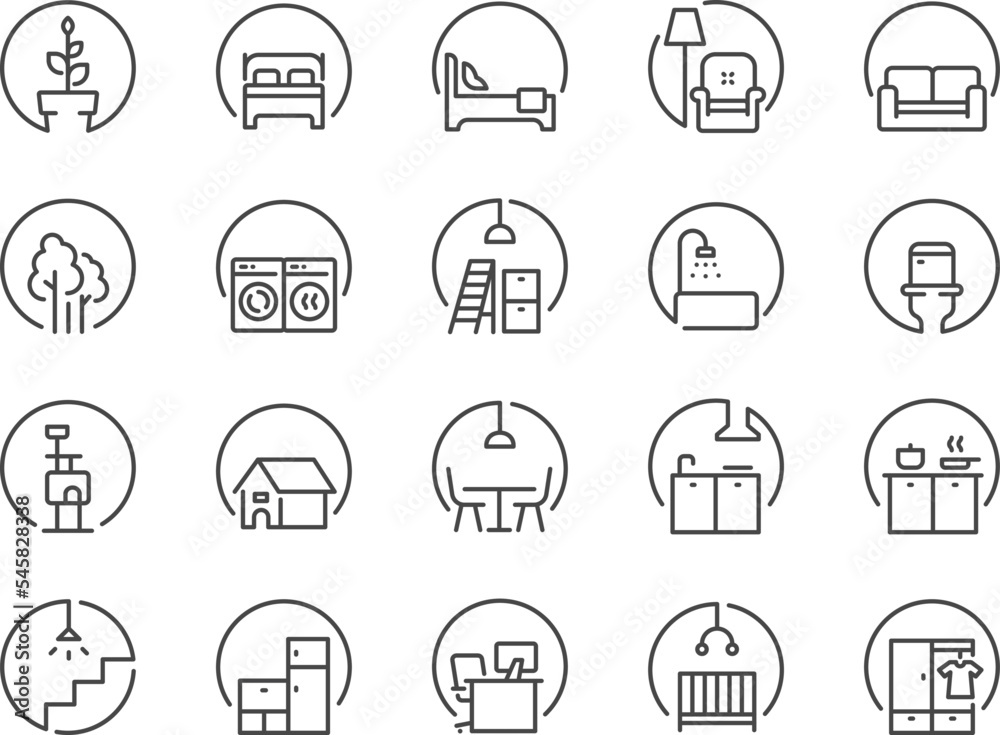 Room icon set. The icons included a bedroom, bathroom, living room ...