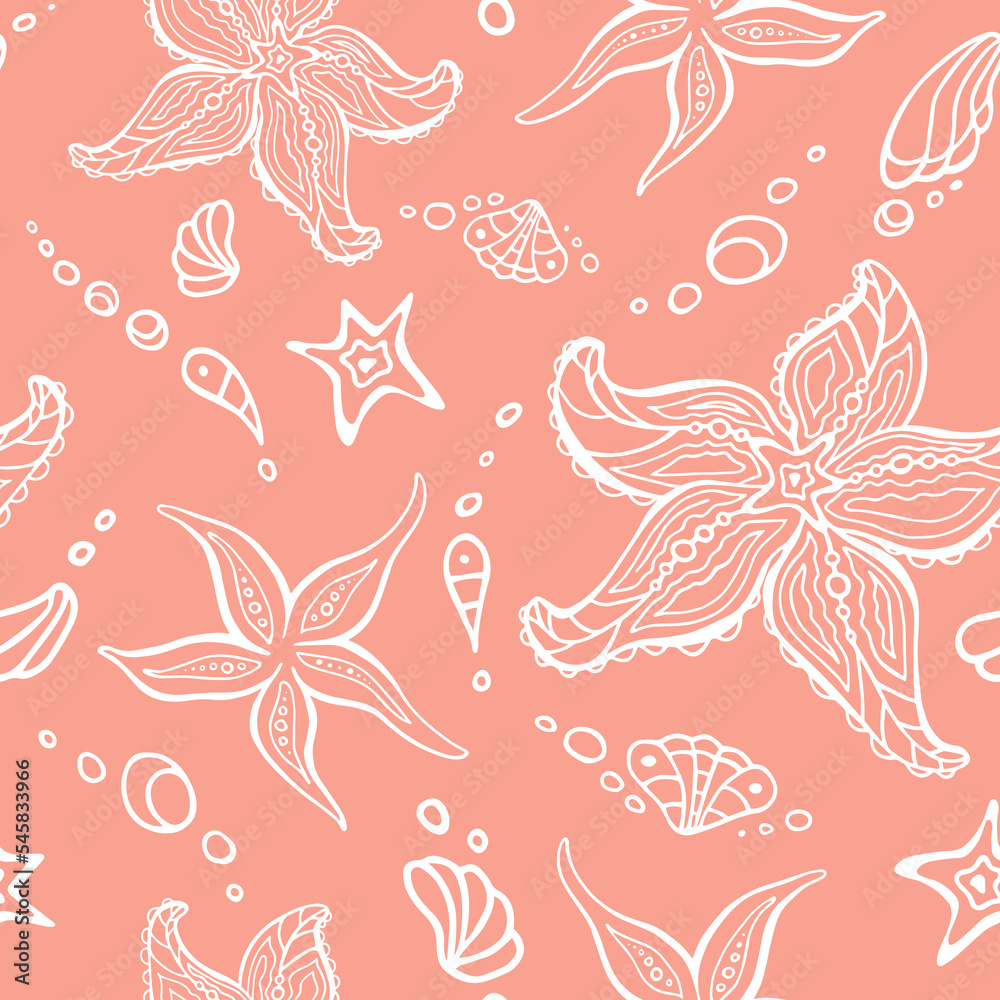 Starfish zentangl irregular seamless pattern. Pastel pink doodle sea ...