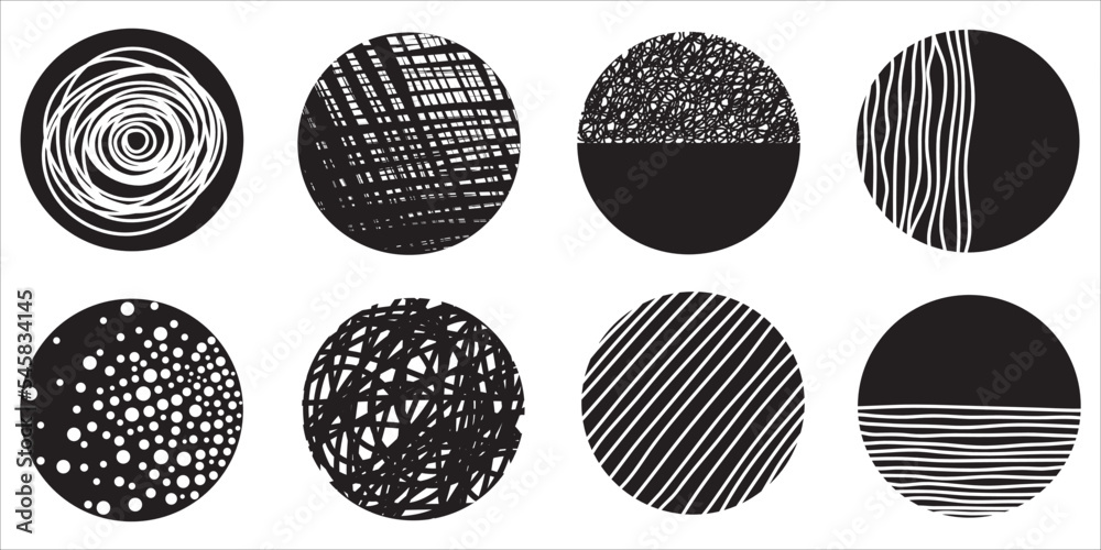 Set of round Abstract black Backgrounds or Patterns. Hand drawn doodle ...