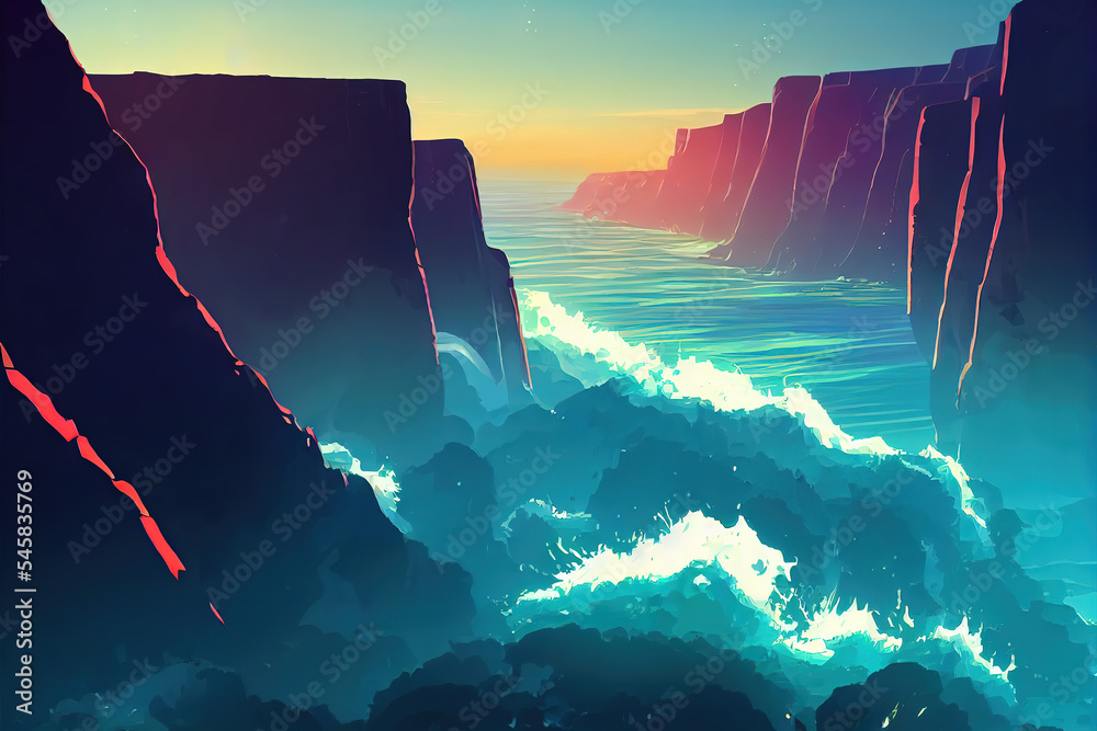 Edge of a Sheer Cliff with the Ocean. Blue Moody Atmosphere. Stylish ...