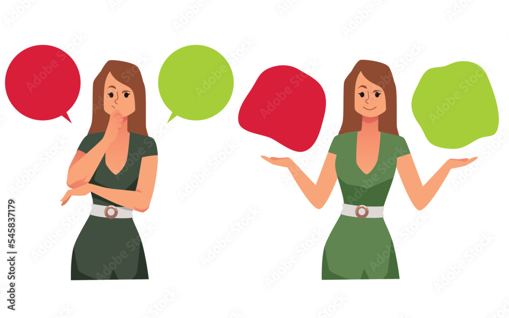 Woman choosing between two options in speech bubbles, flat vector ...