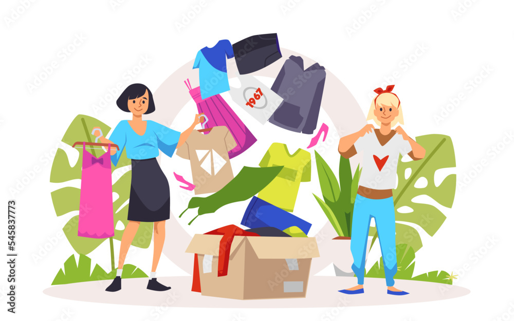 Women trying on vintage clothes from second hand shop, flat vector ...