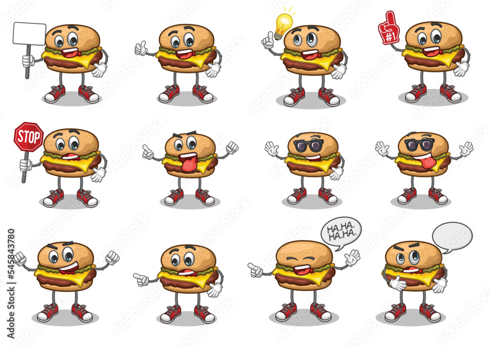 stock vector set of cute burger cartoon mascot with face expression on ...