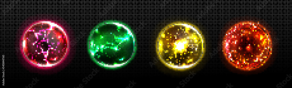 Set of energy balls with lightning effect in red, orange, yellow and ...