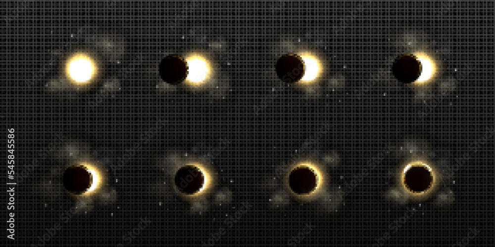 Solar or lunar eclipse with stars, different phases of moon and sun ...