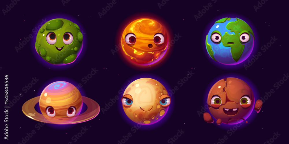 Earth, planets and asteroid characters with different emotions. Cute ...