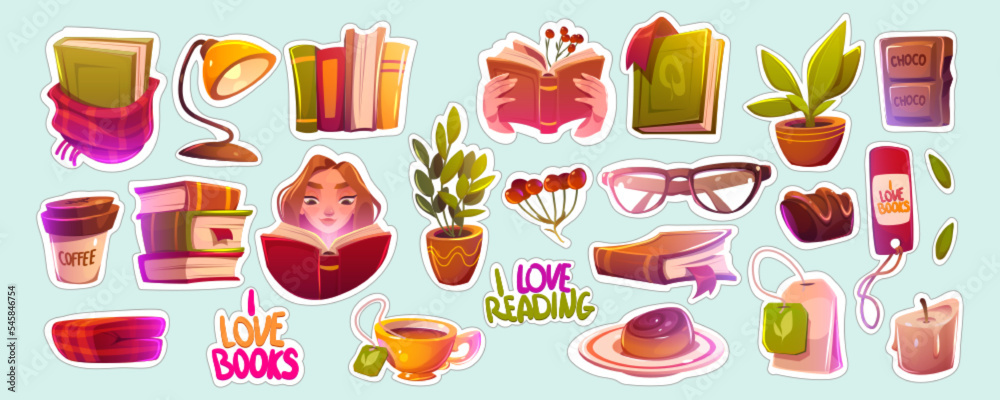 Stickers with books, reading girl, coffee, cup of tea, glasses, plants ...